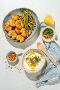Crispy Smashed Potatoes in Oven with Feta Dipping Sauce
