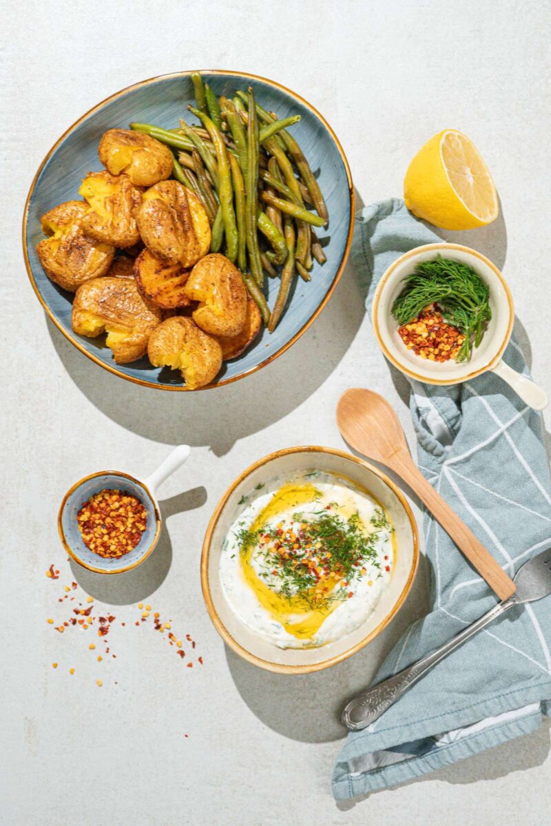 Crispy Smashed Potatoes in Oven with Feta Dipping Sauce