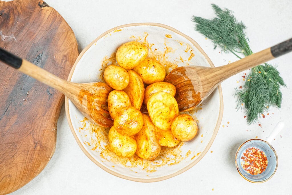 Crispy Smashed Potatoes in Oven with Feta Dipping Sauce