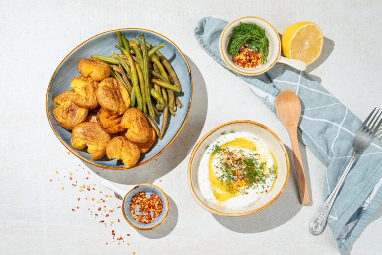 Crispy Smashed Potatoes in Oven with Feta Dipping Sauce