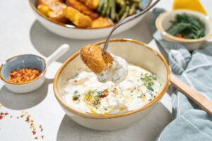 Crispy Smashed Potatoes in Oven with Feta Dipping Sauce