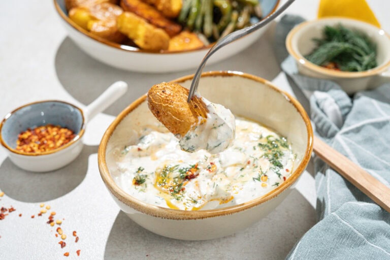 Crispy Smashed Potatoes in Oven with Feta Dipping Sauce
