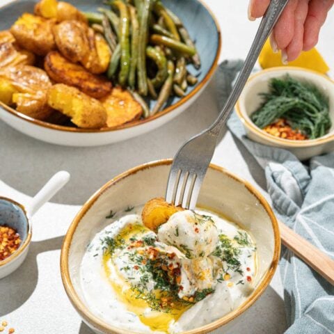Crispy Smashed Potatoes in Oven with Feta Dipping Sauce