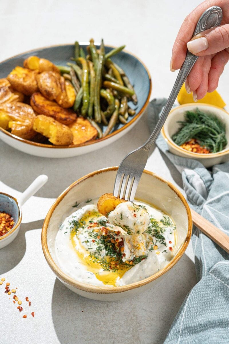 Crispy Smashed Potatoes in Oven with Feta Dipping Sauce