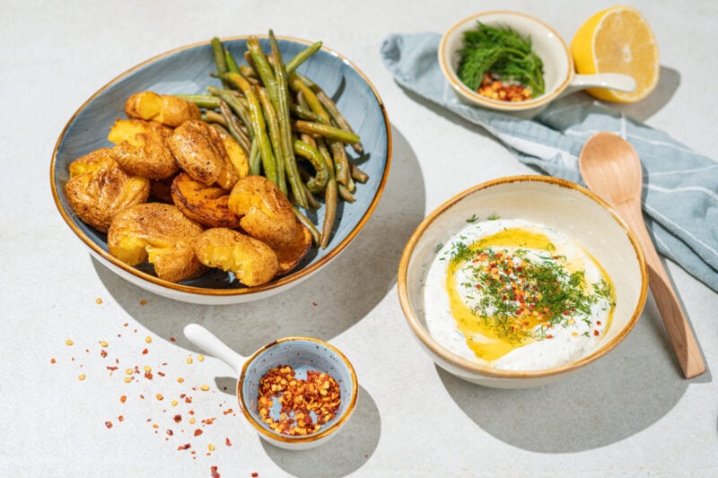 Crispy Smashed Potatoes in Oven with Feta Dipping Sauce